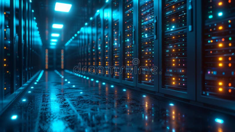 Modern Data Center with Server Racks and LED Lights - Generative AI ...