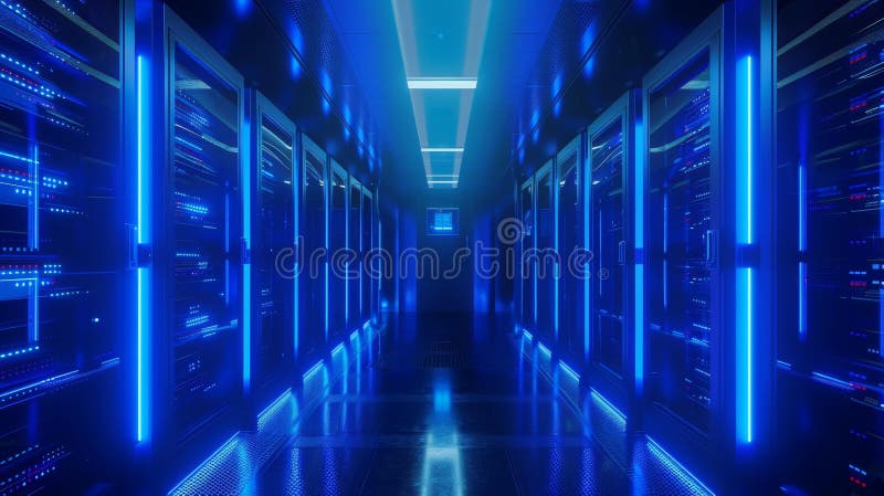 Modern Data Center with Blue LED Lighting, Generative AI Stock ...