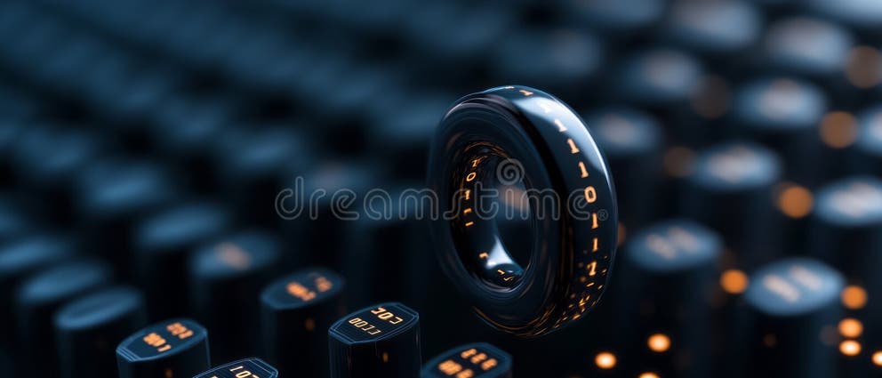 Futuristic Digital Ring Rotating Above Black Keyboard with Glowing Keys ...