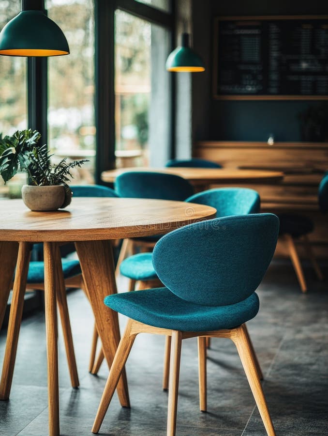 Modern Dining Area with Blue Chairs and Wooden Table Stock Image ...