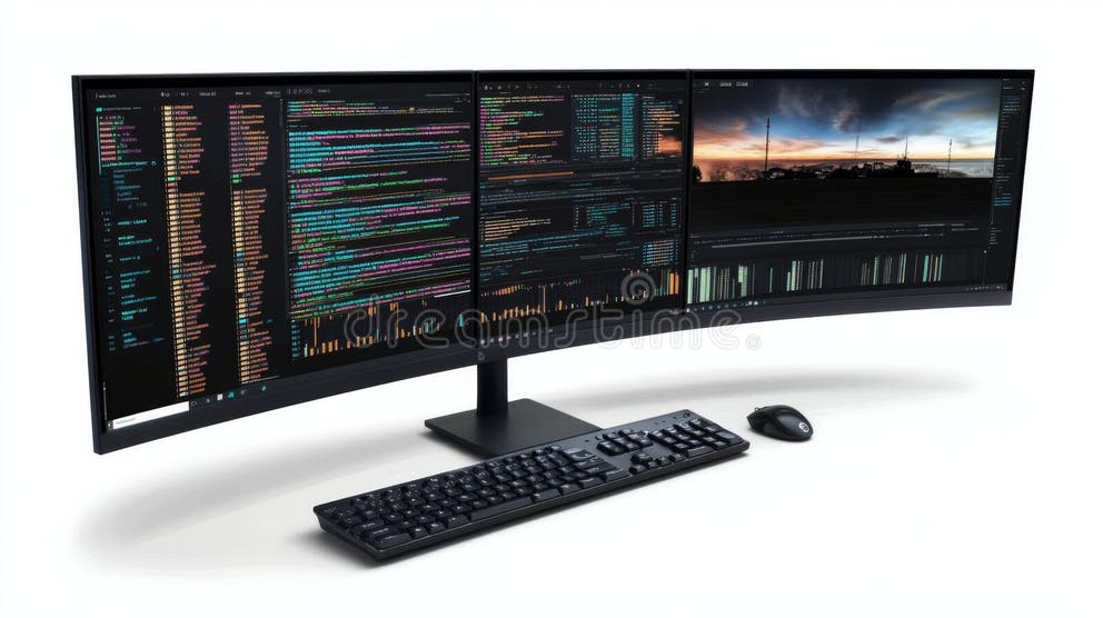 A Sleek Dual Monitor Setup Displaying Vibrant Data and Code. Perfect ...