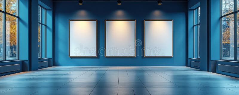 Three Blank Posters on Blue Wall in Modern Gallery Interior Stock Image ...
