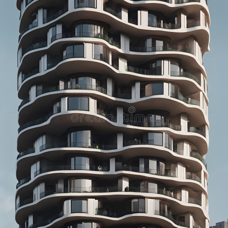 Modern High-Rise with Curved Balconies and Expansive Windows Stock ...