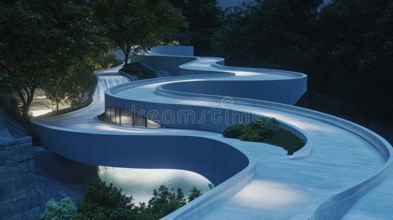 Futuristic Walkway with Illuminated Curves Winds through a Serene ...