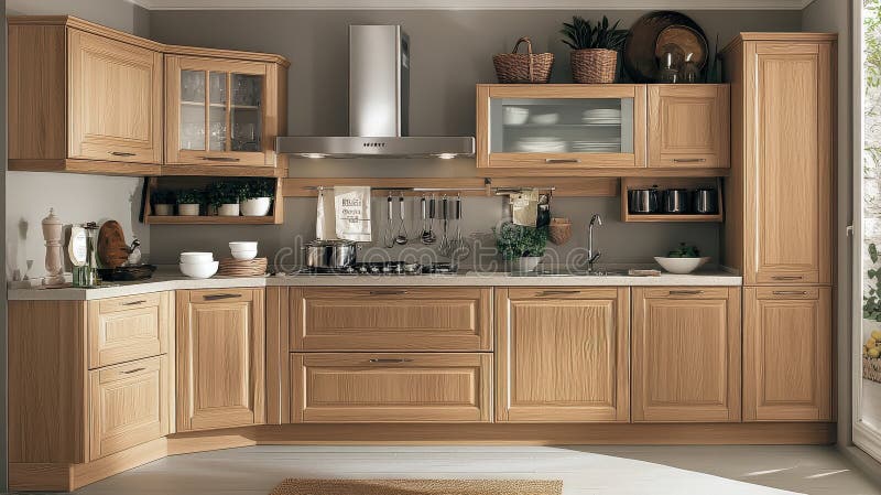 Modern Light Wood Kitchen Design with Ample Storage Stock Illustration ...