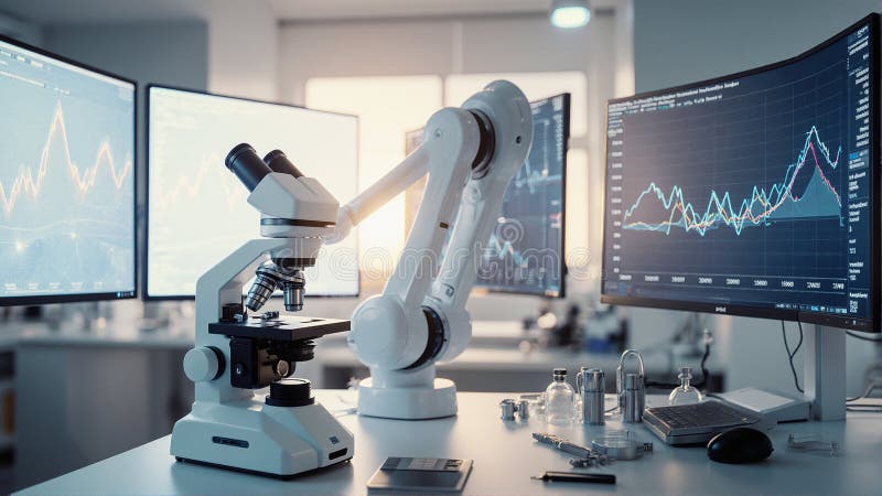 Advanced Lab Setup with Microscope and Robotic Arm Stock Illustration ...