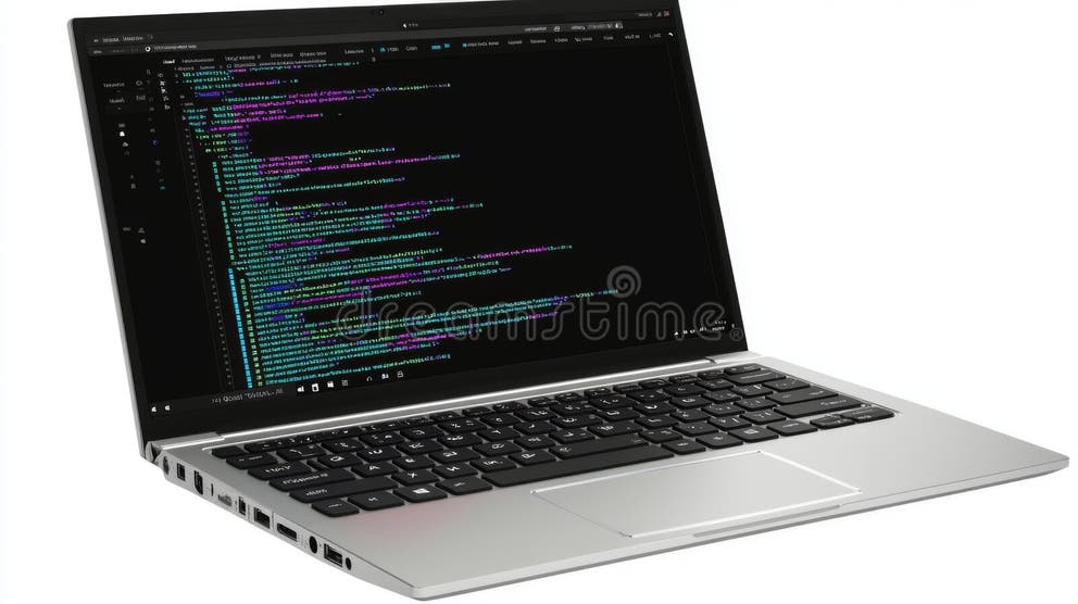 A Sleek Laptop Displays Vibrant Coding on a Dark Background. the Device ...