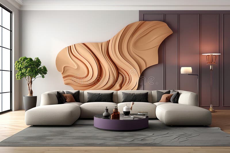 Modern Living Room with Rounded Corners Sofa and Abstract Wavy Wall ...