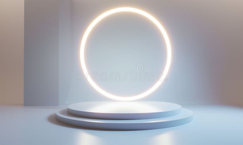 Modern Minimalist Circular LED Light Fixture on White Platform in ...