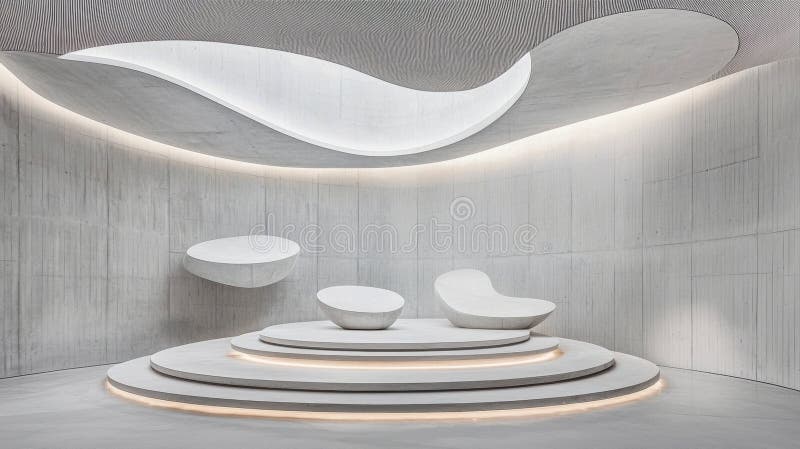 A Minimalist White Room with a Curved Ceiling and a Circular Platform ...
