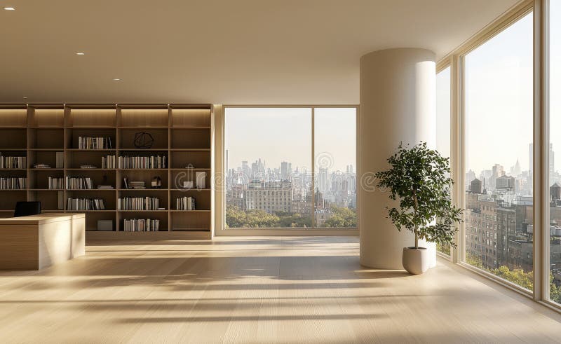 Modern Spacious Interior Overlooking City Skyline with Large Windows ...