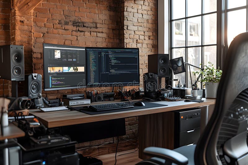 High-Tech Workspace with Dual Monitors and Surround Sound Speakers ...