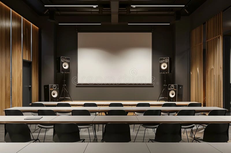 Modern Training Room with Blank White Screen and Long Tables for ...