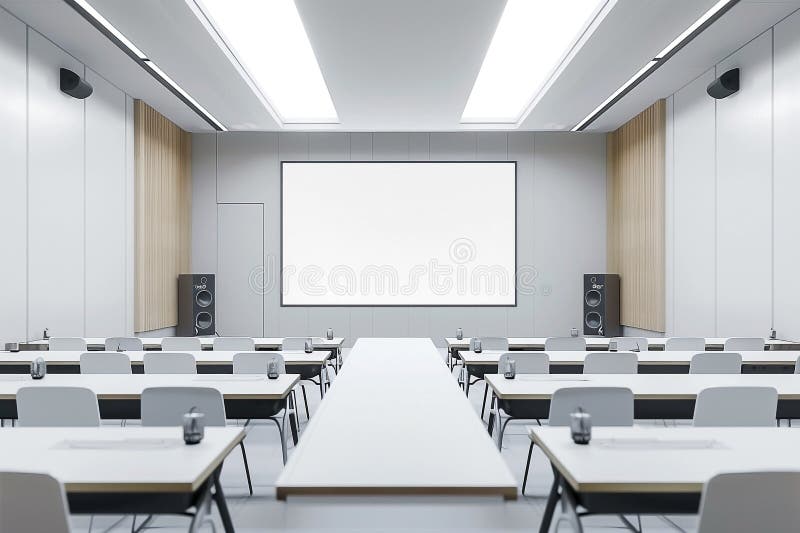 Modern Training Room with Blank White Screen and Long Tables for ...