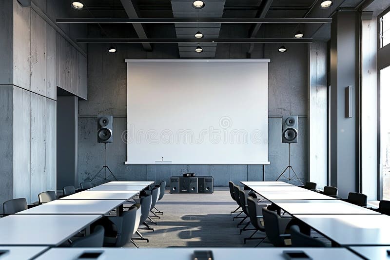 Modern Training Room with Blank White Screen and Long Tables for ...