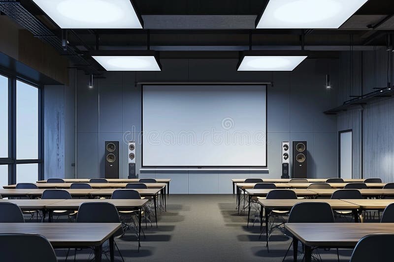 Modern Training Room with Blank White Screen and Long Tables for ...