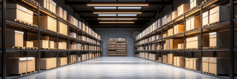This Image Showcases a Modern Warehouse Interior with Rows of Cardboard ...