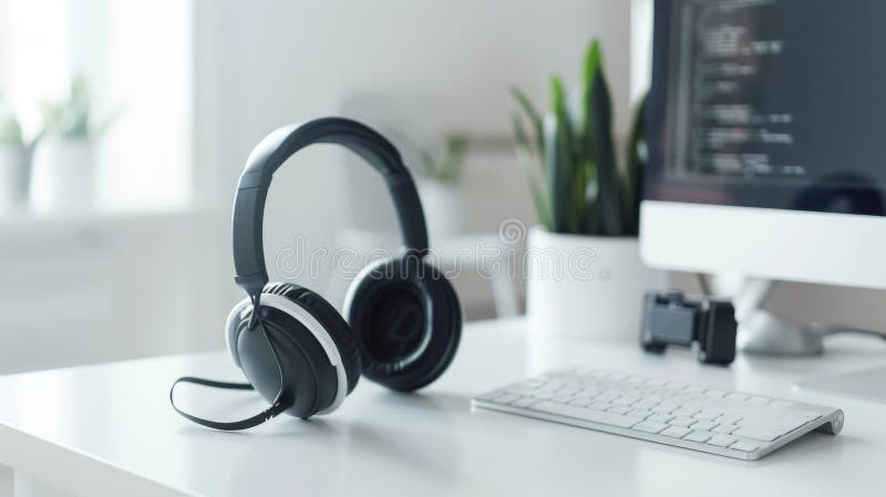Modern Workspace with Headphones and Computer, Generative AI Stock ...