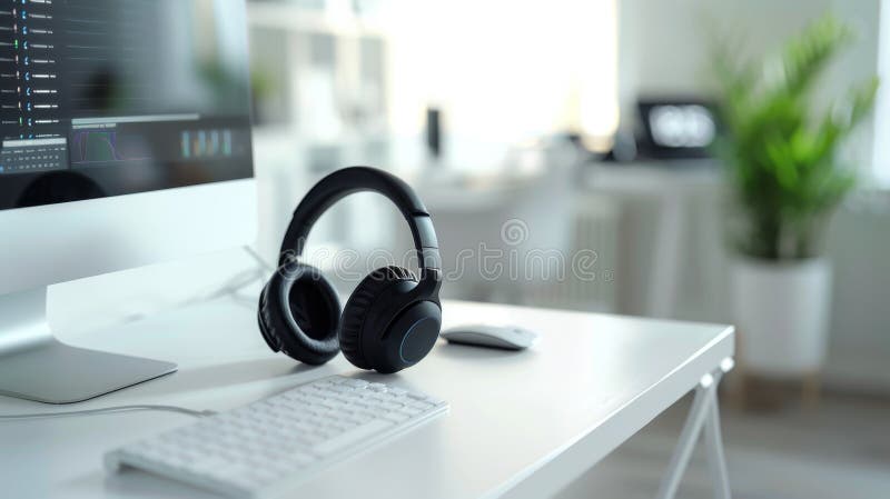 Modern Workspace with Computer and Headphones, Generative AI Stock ...