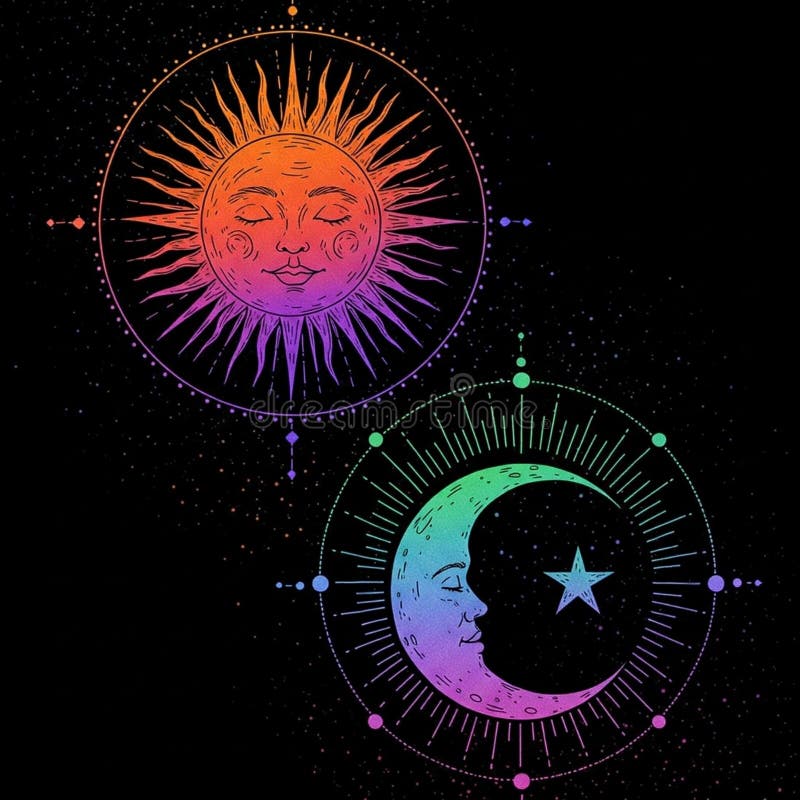 Psychedelic Skies: Rainbow Sun and Moon Art Stock Illustration ...