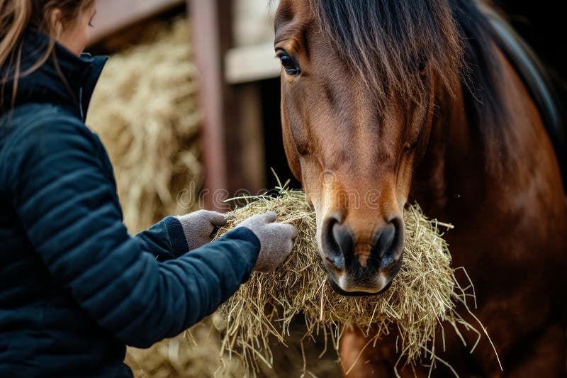 A Close Interaction between a Person and a Horse in a Stable. the ...