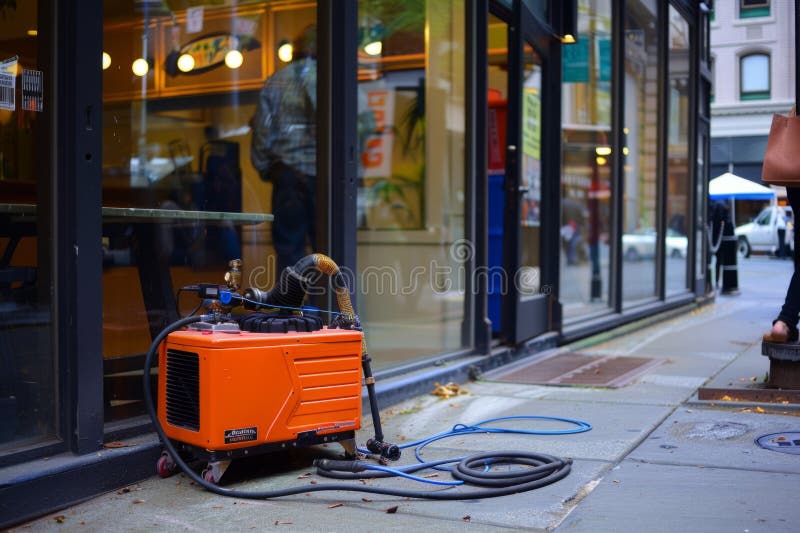 An Orange Generator Sits on the Sidewalk beside a Cafe. the Urban ...