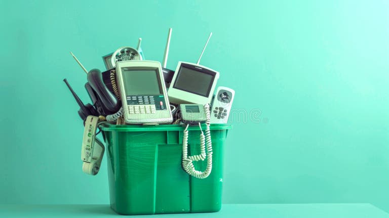 A Green Container Filled with Various Outdated Electronic Devices. this ...