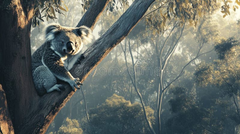 A Serene Koala Resting on a Tree Limb in a Misty Forest. the Soft ...