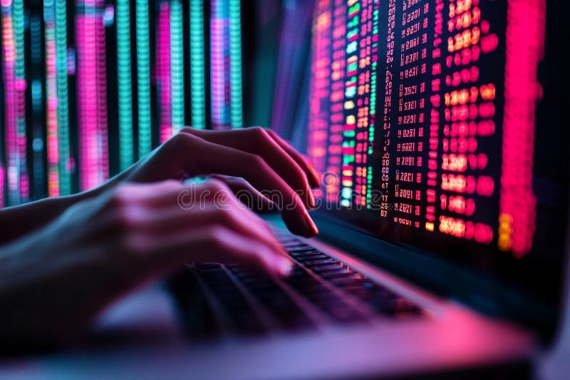 A Creative Representation of a Person Typing on a Laptop in a Vibrant ...