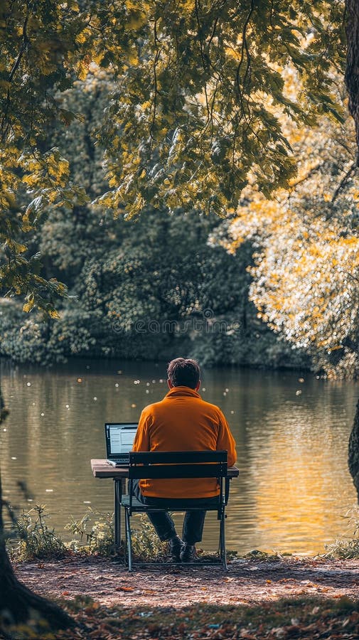 A Person Working Remotely by a Serene Lake. Nature Provides Inspiration ...
