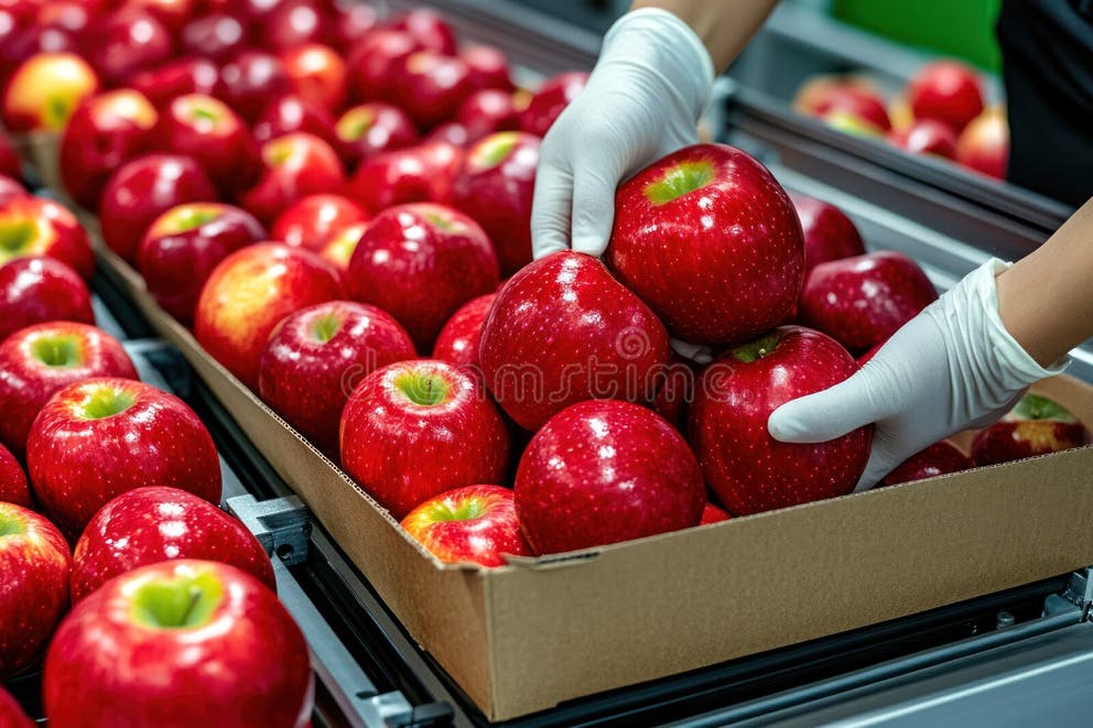 Hand-packing Apples on Sorting Line in Agricultural Production Facility ...