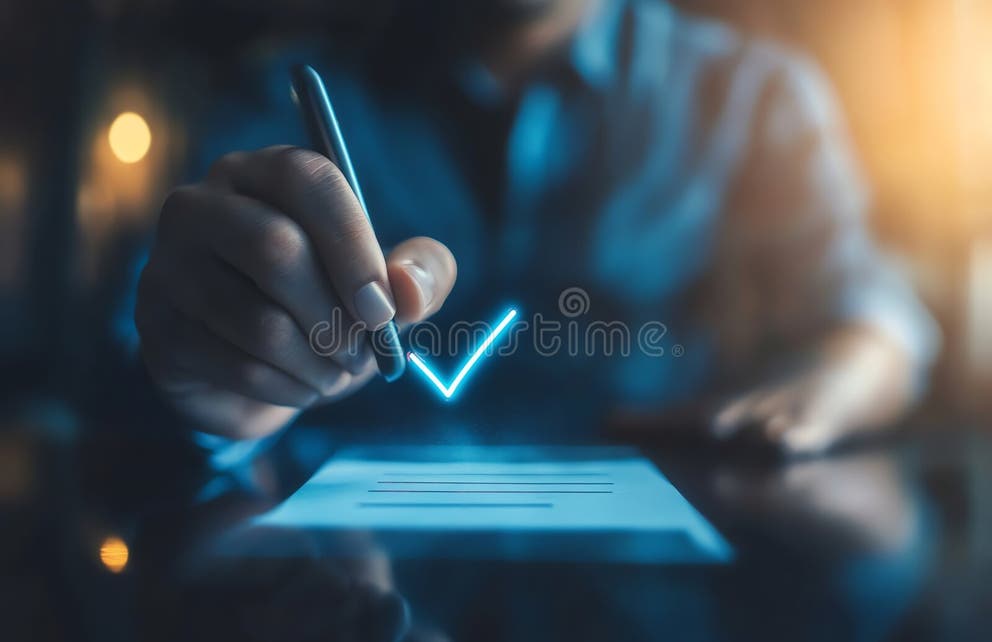 Hand Signing Document with Digital Checkmark in Professional Setting ...