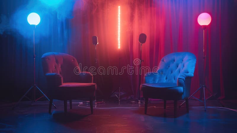 Podcast/Interview Setup: Two Chairs & Microphones on Dark Background ...