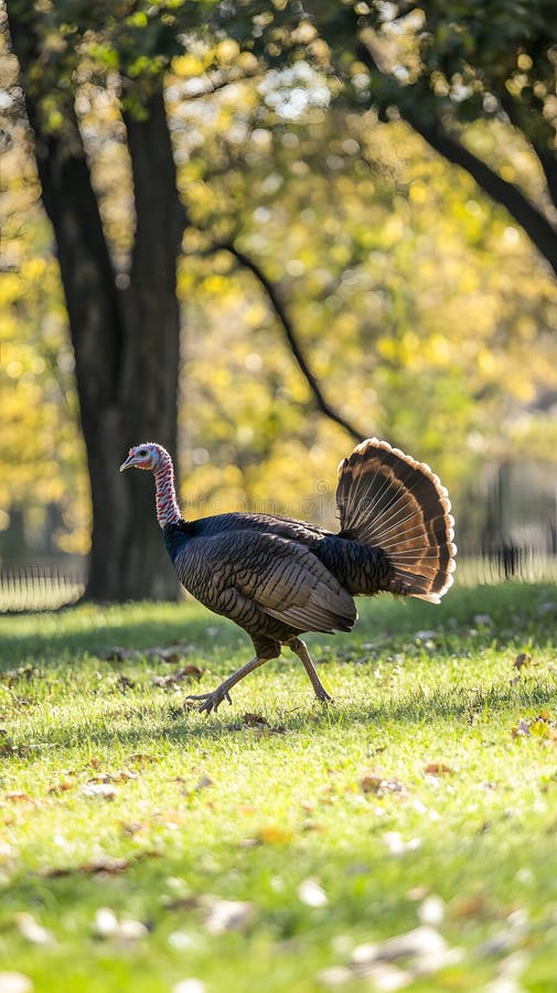 Proud Turkey Confidently Strutting through a Grassy Field Bordered by ...