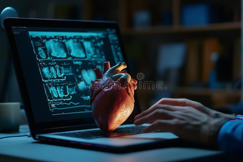 Realistic Human Heart Model Displayed on Laptop with Medical Scans ...