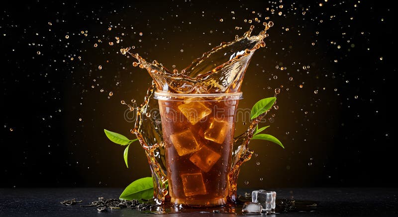 Iced Tea Splash with Leaves and Ice Cubes Stock Illustration ...