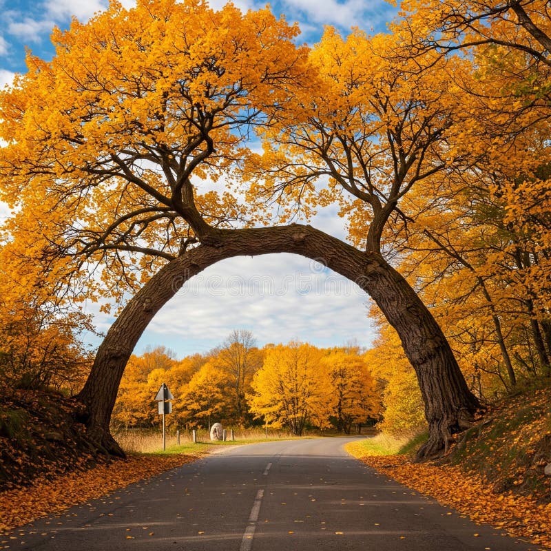 Arc of Gold: Road through a Bent Tree Stock Illustration - Illustration ...