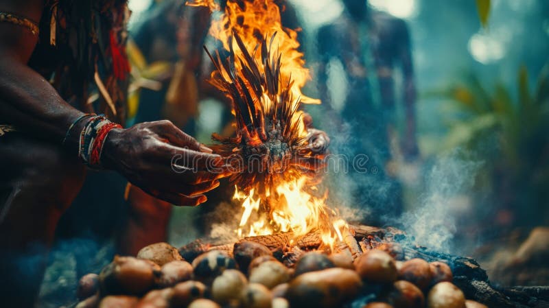 A Vibrant Gathering Around a Powerful Fire. Hands Skillfully Ignite ...