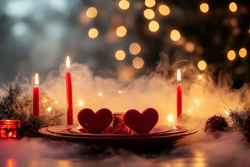 Romantic Dinner Setup with Heart Shaped Candles and Warm Glowing Lights ...