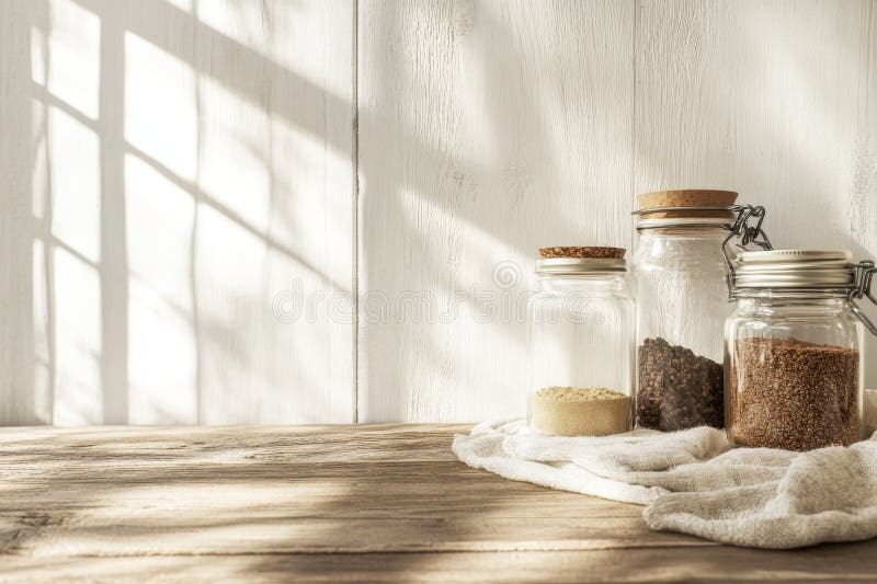 Rustic Spice Jars on Wooden Table Stock Illustration - Illustration of ...