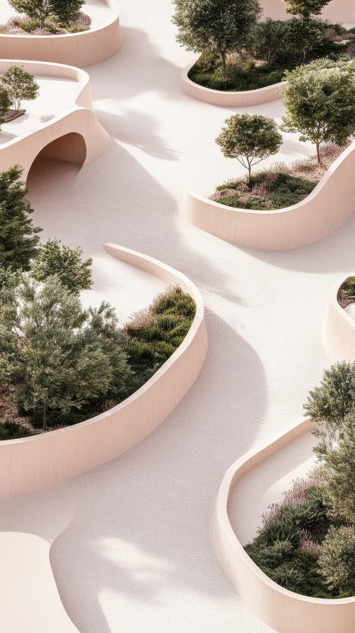 Curved Pathways Wind through a Minimalist Garden with Lush Greenery, AI ...