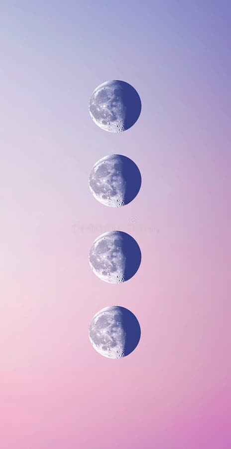 Vertical Alignment of Four Moon Phases on Gradient Pink and Purple Sky ...