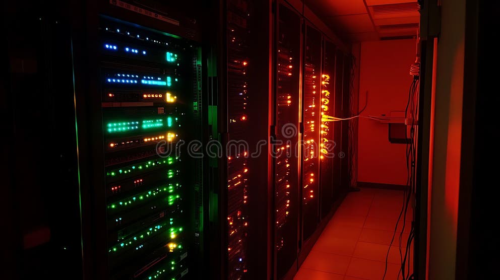 Illuminated Server Racks Line a Dimly Lit Data Center Aisle, Emitting ...