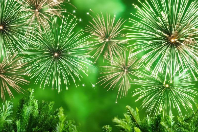 Green Festive Fireworks Display Over Evergreen Branches Background ...