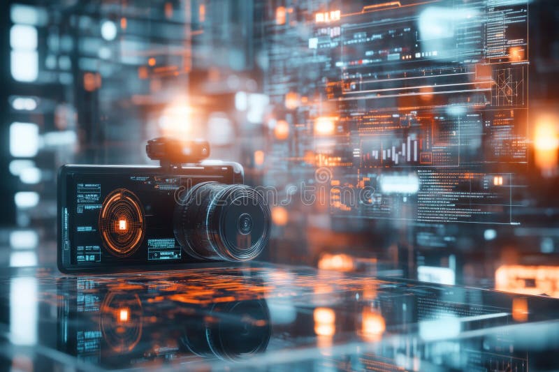 A Futuristic Camera Stands Amidst Vibrant Digital Data. the High-tech ...