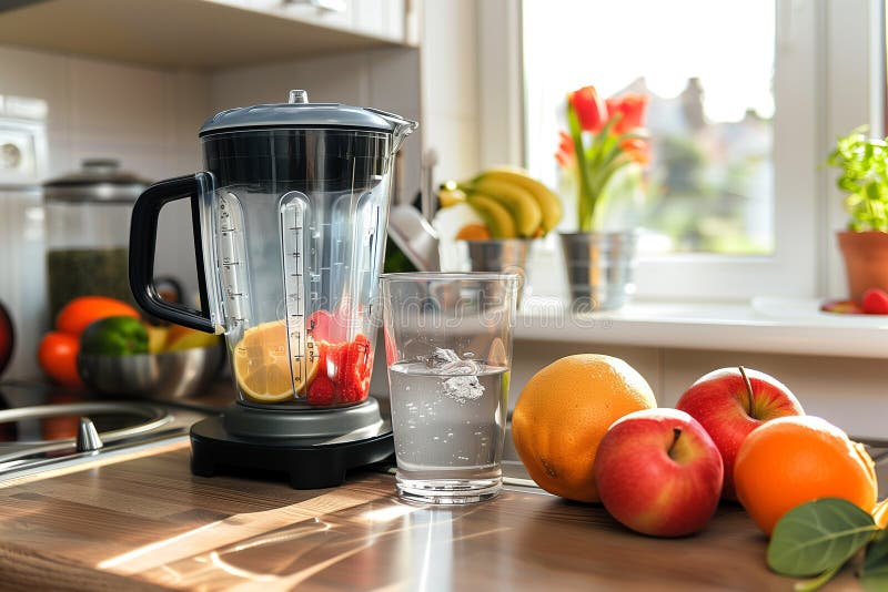 Contemporary Kitchen Countertop with Blender, Fresh Fruits, and Water ...