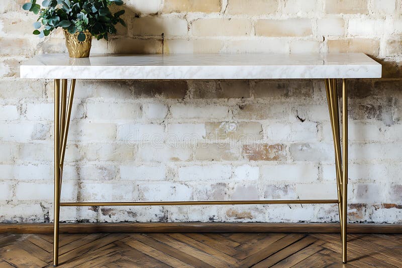 Elegant Marble Console Table with Gold Legs Against a White Brick Wall ...