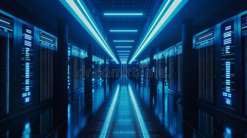 Modern Data Center Rows Servers Illuminated Blue Lighting Hightech ...