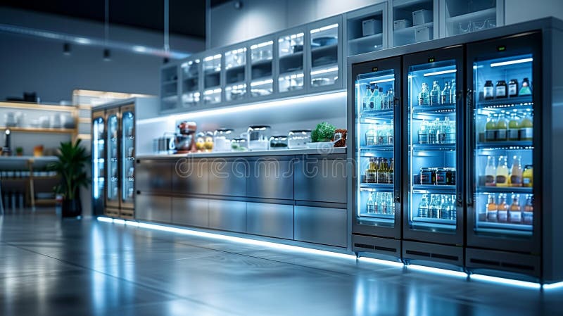Modern Kitchen with Three Refrigerators and Stainless Steel Cabinets ...