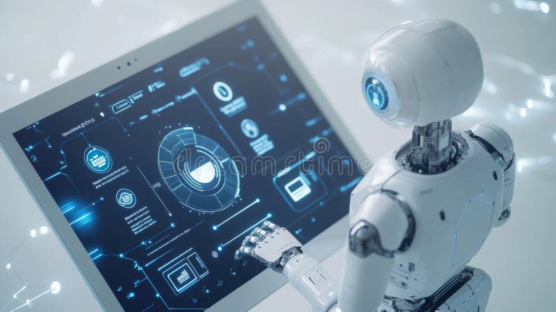 A Futuristic Robot Interacts with a High-tech Interface. the Digital ...